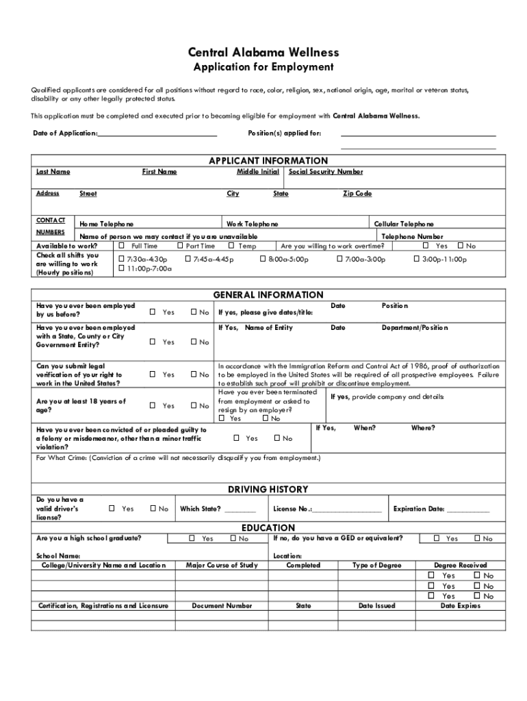 Fillable Online Application for EmploymentThe Arc of Central Alabama ...