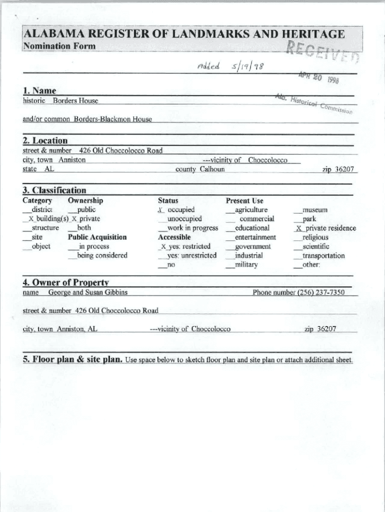 Fillable Online Alabama Register of Landmarks Heritage Form Fax Email ...