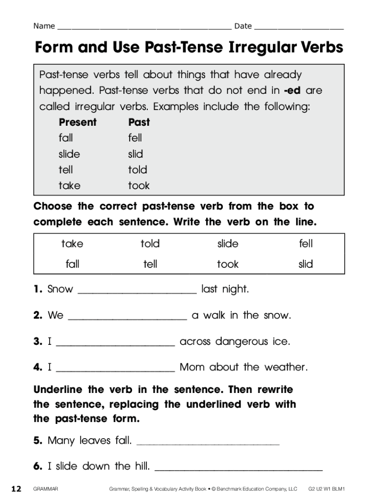 Fillable Online Past-tense verbs tell about things that have already ...