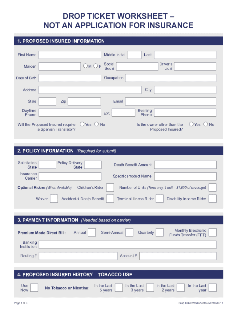 Fillable Online DROP TICKET WORKSHEETNOT AN APPLICATION ... Fax Email ...