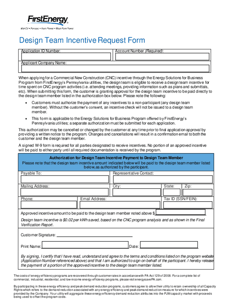 Fillable Online Design Team Incentive Request Form - Potomac Edison Fax Email Print - pdfFiller
