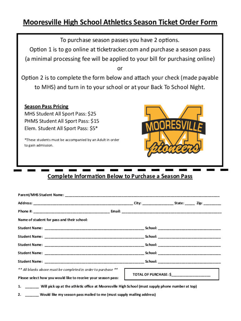 Fillable Online Mooresville High School Athletics Season Ticket Order ...