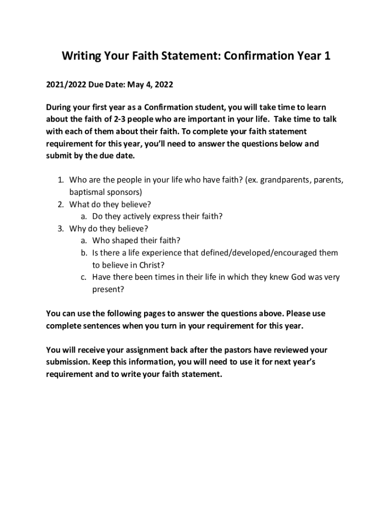 Fillable Online Writing Your Faith Statement: Confirmation Year 1 Fax ...
