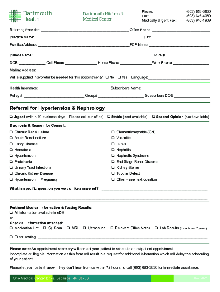Fillable Online DHMC: Hypertension and Nephrology Referral Form Fax ...