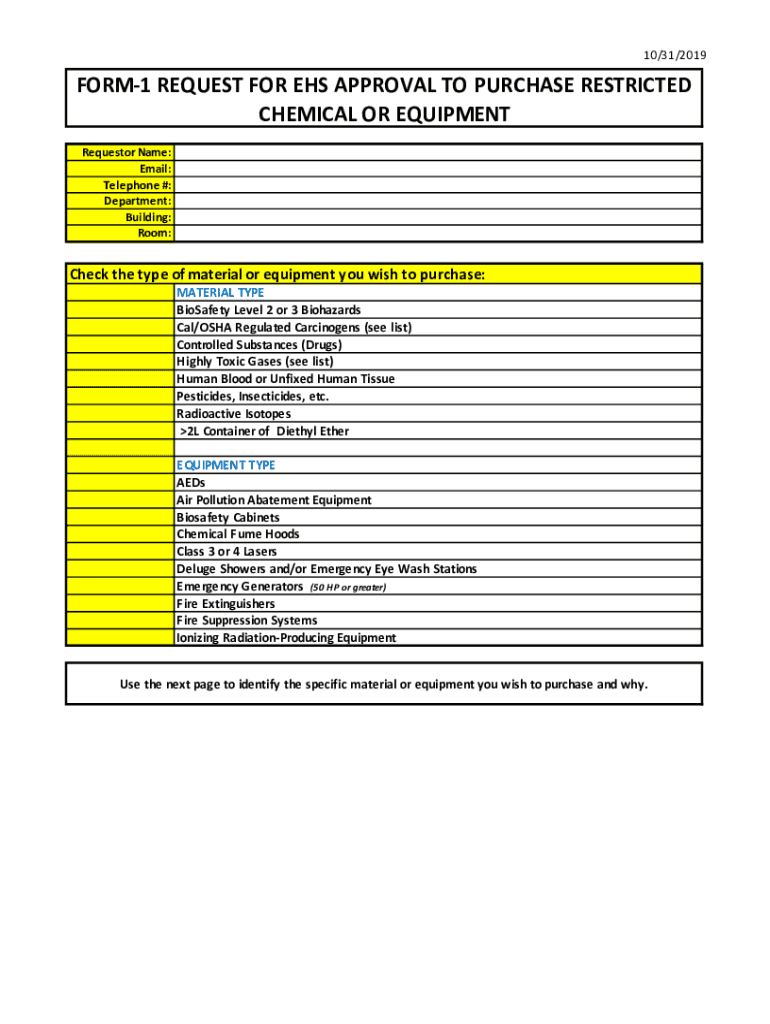 Fillable Online ehs sfsu Request EHS approval to purchase restricted ...
