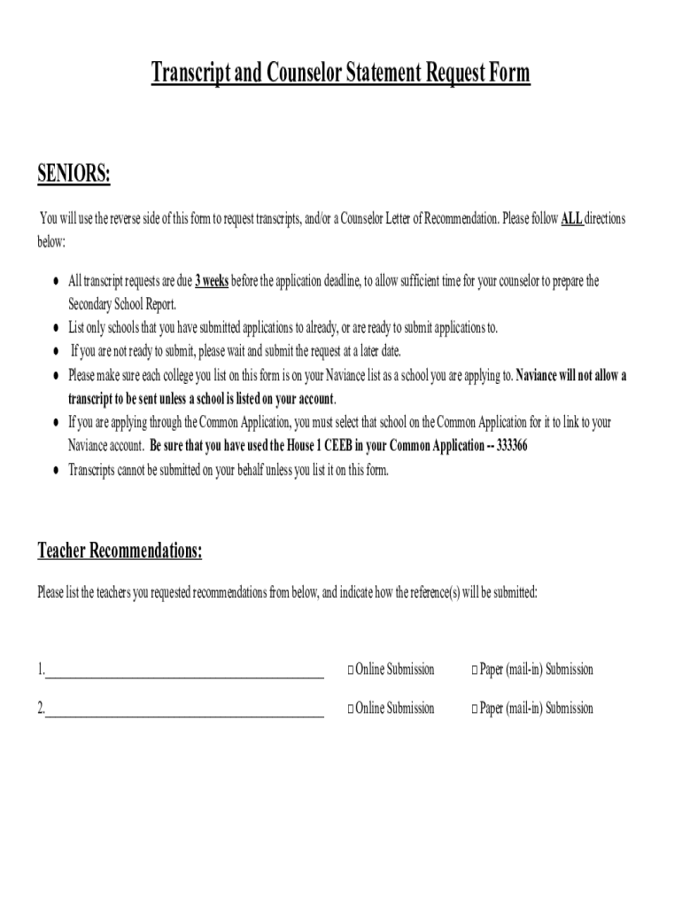 Fillable Online Transcript and Counselor Statement Request Form Fax ...