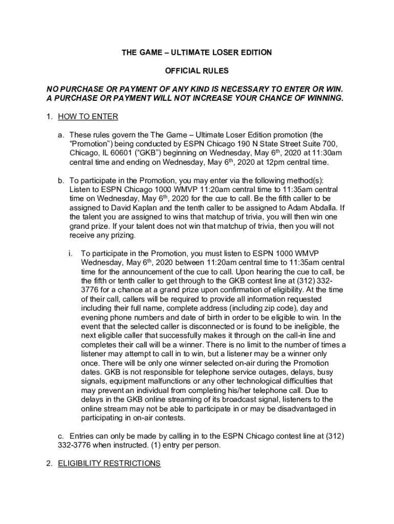Fillable Online The Game - Ultimate Loser Edition Contest Rules Fax ...