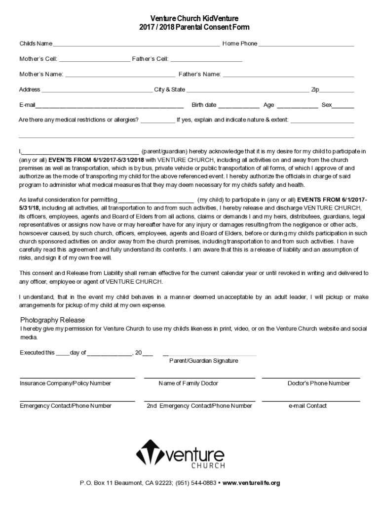Fillable Online KidVenture Parental Consent Form.doc Fax Email Print - pdfFiller