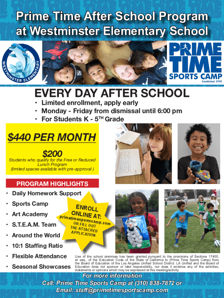 Fillable Online Prime Time After School Program - at Westminster ...