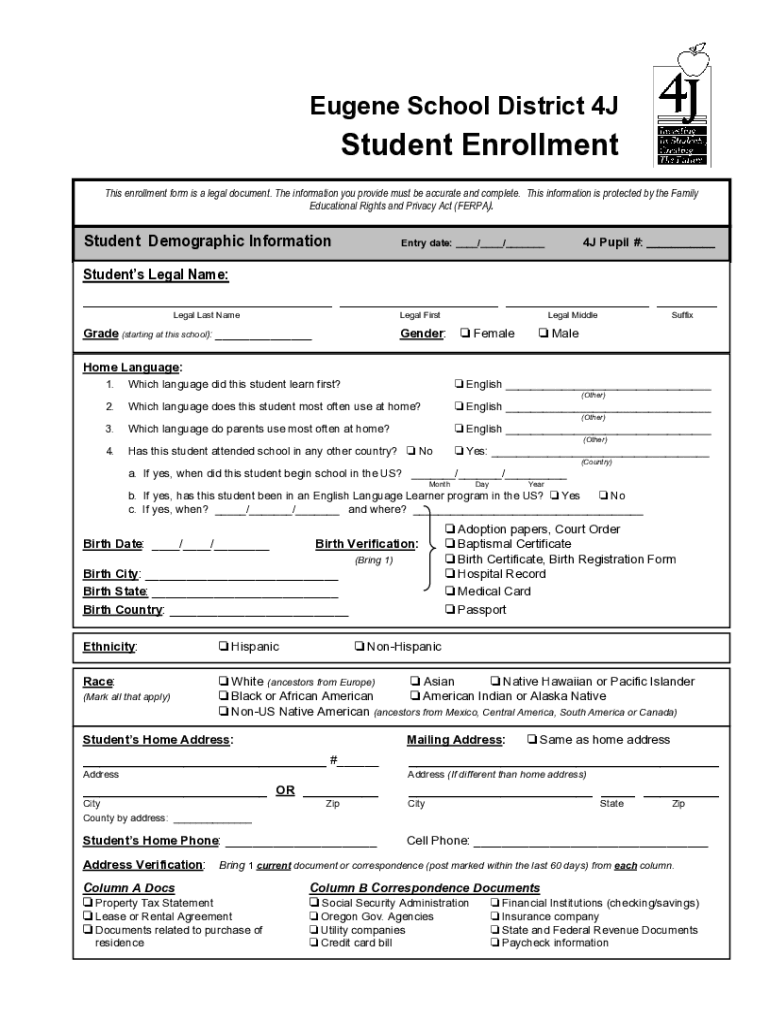 Fillable Online 4J English Enrollment Form - Eugene School District ...