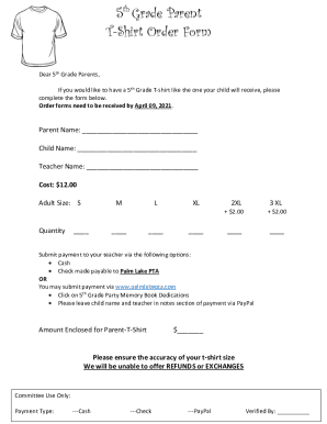Fillable Online 5th Grade Parent T-Shirt Order Form Fax Email Print ...