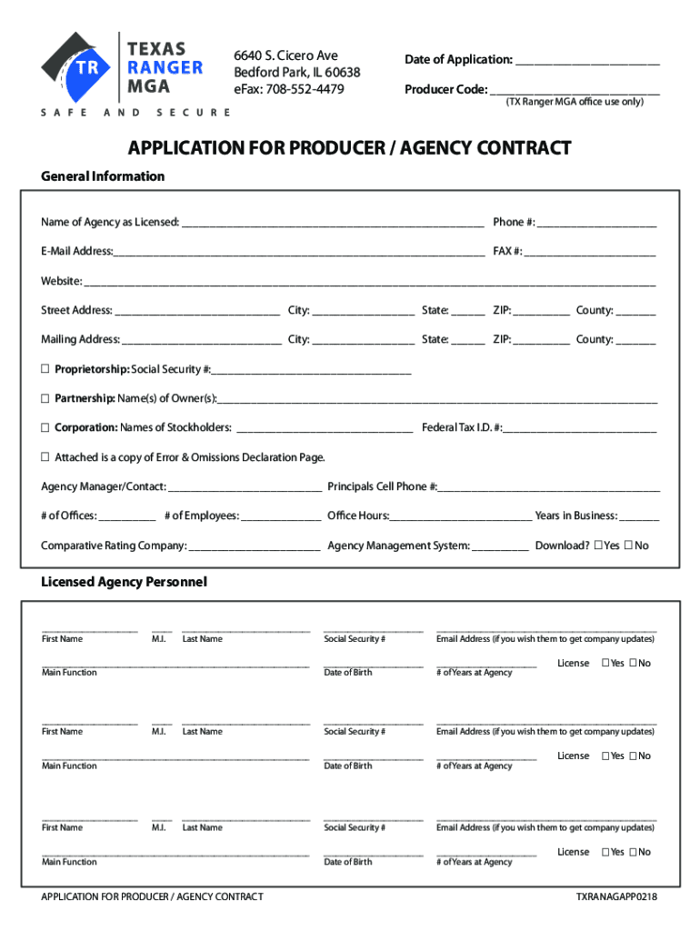 Fillable Online Texas Ranger Application for Producer - Agency Contract ...