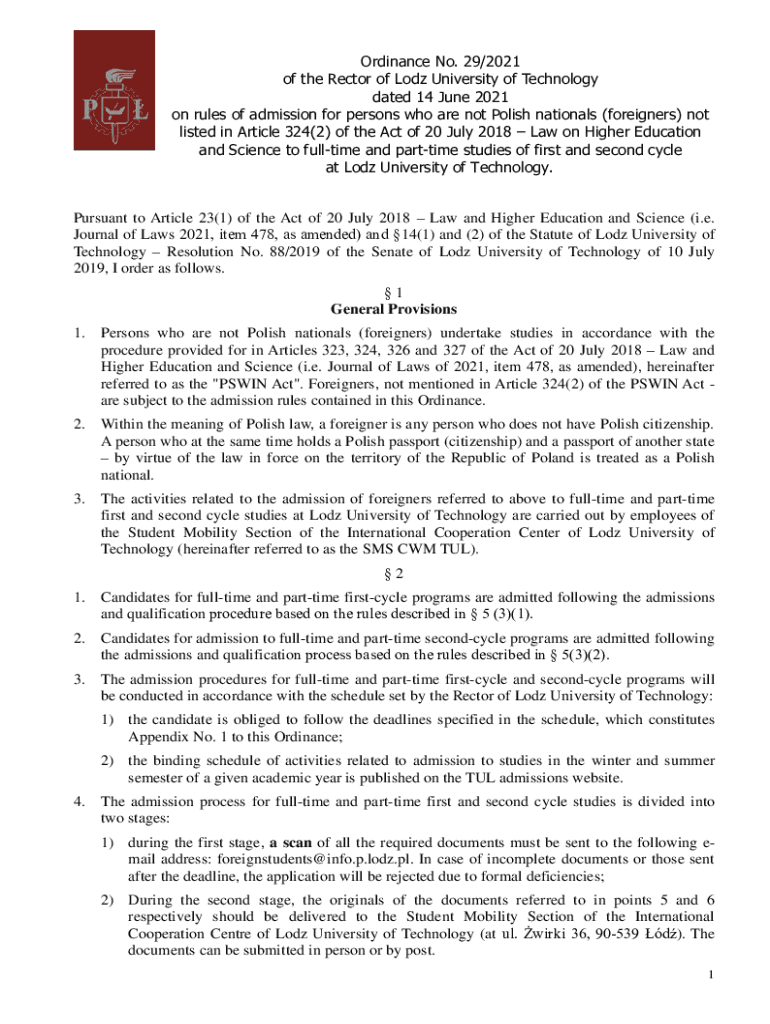 Fillable Online Ordinance No. 29/2021 of the Rector of Lodz University of ... Fax Email Print ...
