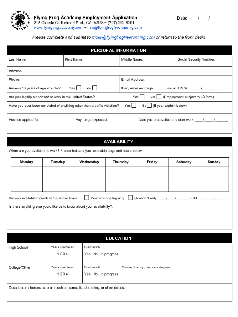 Fillable Online Flying Frog Academy Employment Application Fax Email Print - pdfFiller