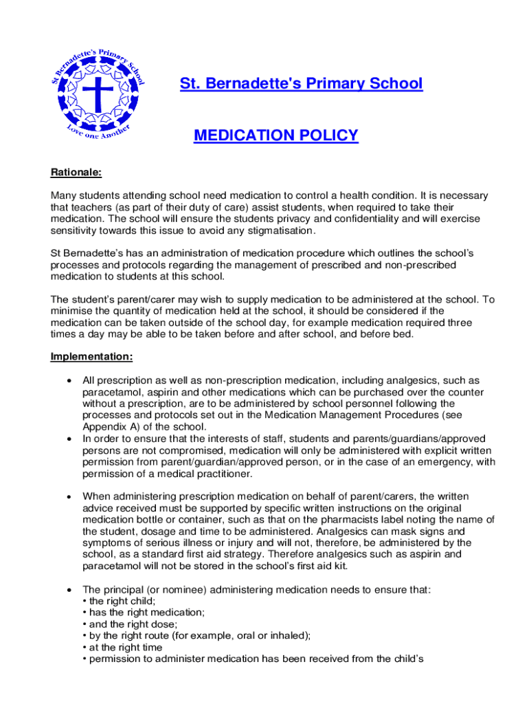 Fillable Online St. Bernadette's Primary School MEDICATION POLICY Fax ...