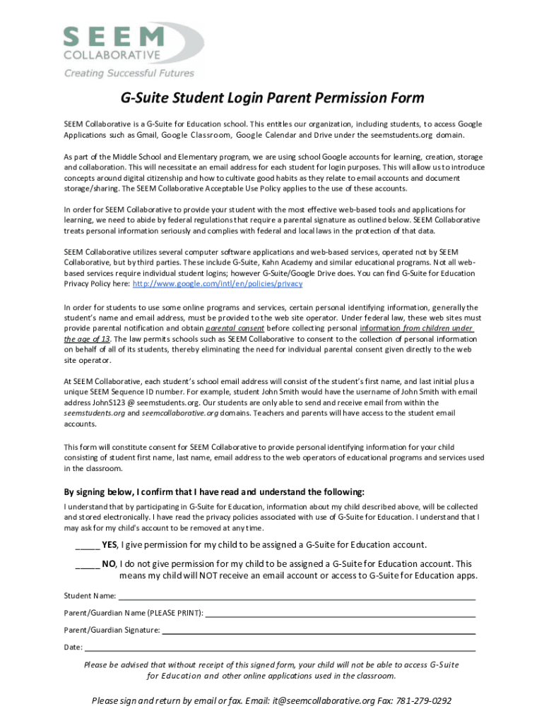 Fillable Online Student Login to G-Suite Parent Permission Form Fax Email Print - pdfFiller