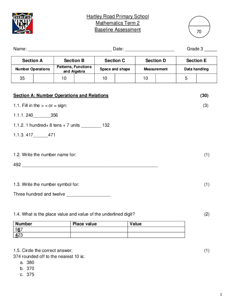 Fillable Online Grade 2 Addition and Subtraction Baseline Assessment ...