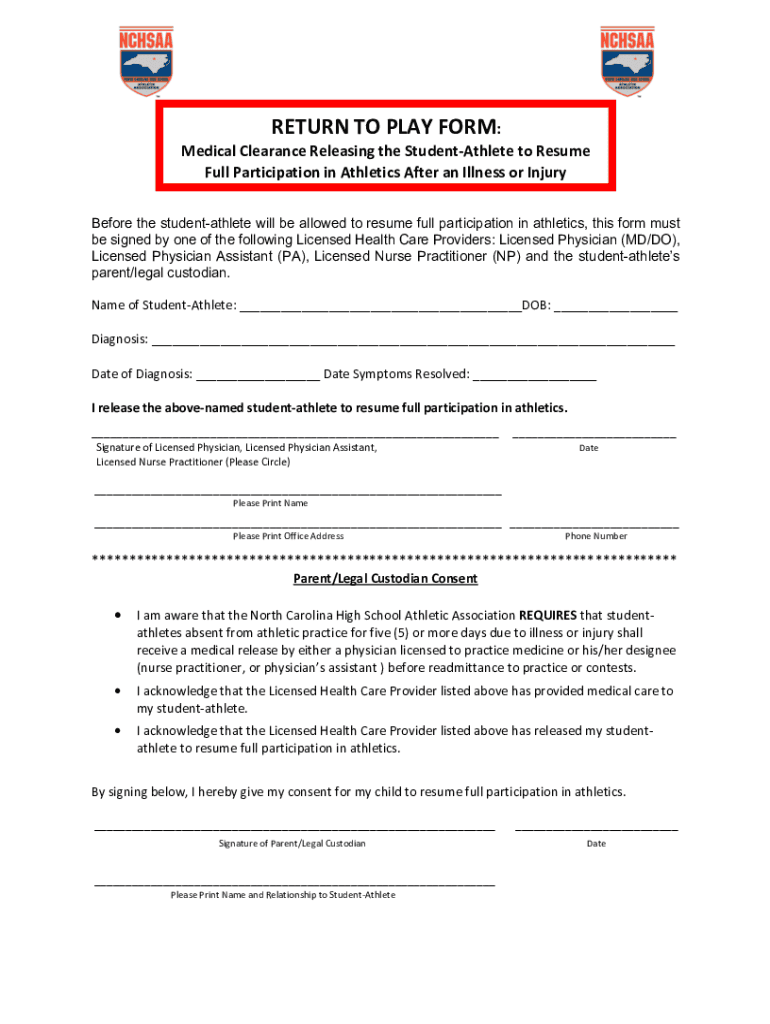 Fillable Online NCHSAA- Return to Play After an Illness Form 9212020 ...