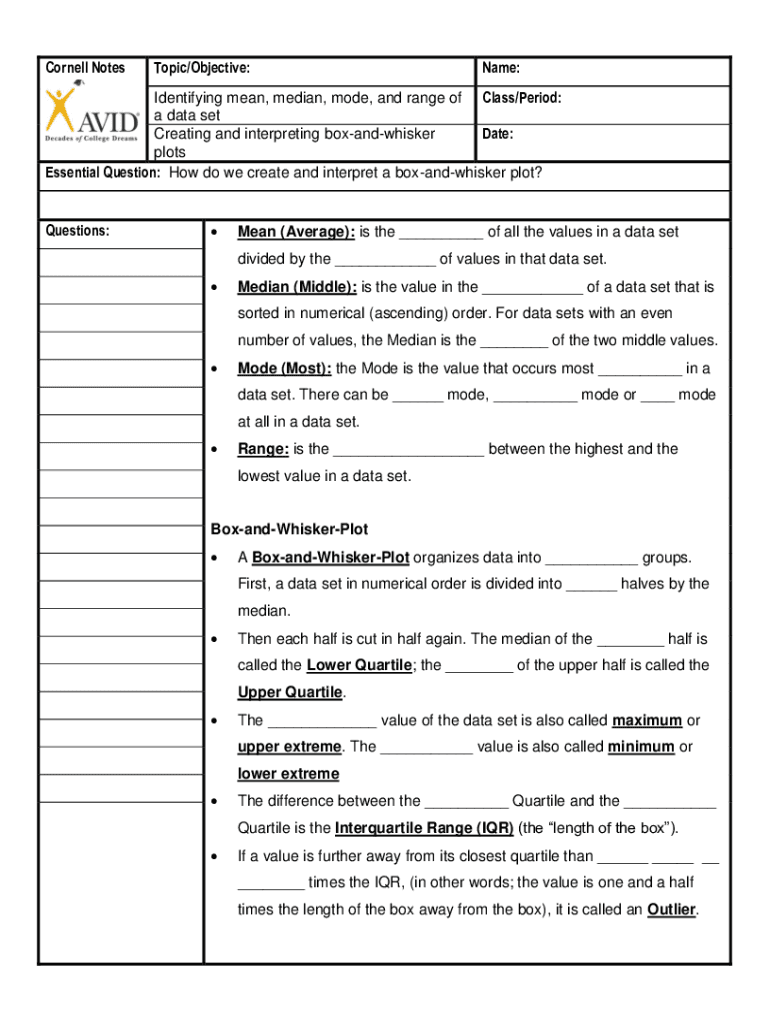 Fillable Online Interpreting data from box-and-whisker plots Class ...