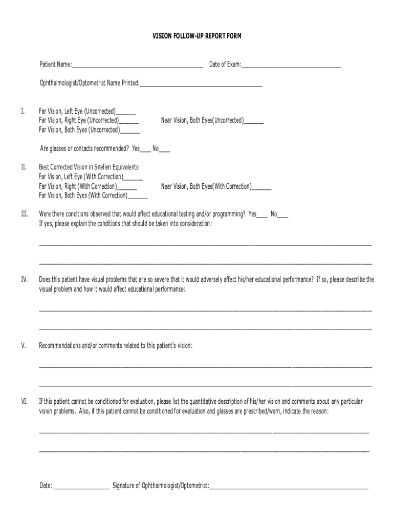 Fillable Online VISION FOLLOW-UP REPORT FORM Patient Name Fax Email ...