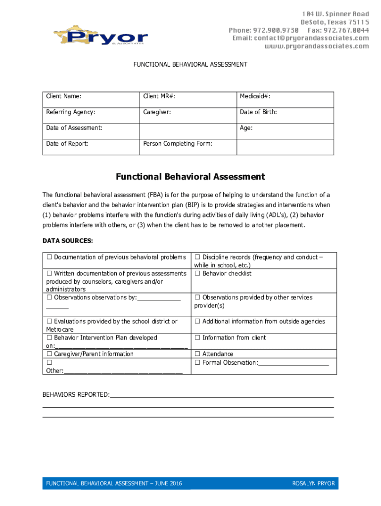 Fillable Online Functional Behavioral Assessment.docx Fax Email Print ...
