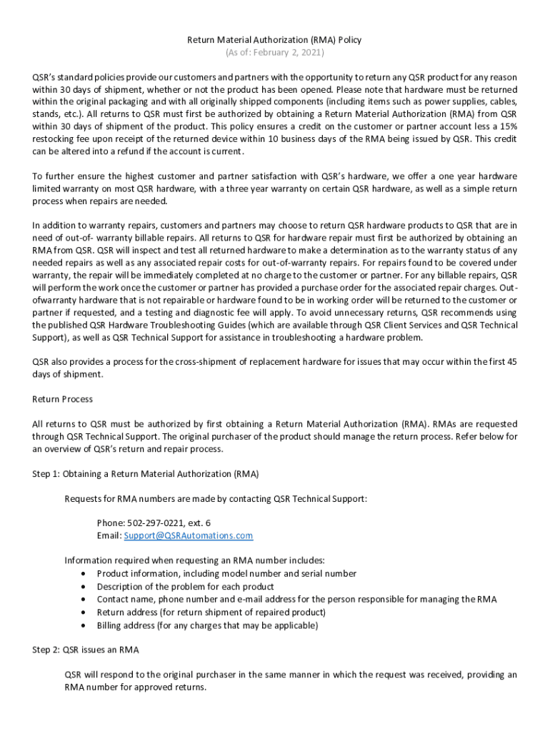 Fillable Online Return Material Authorization (RMA) Policy (As of Fax ...