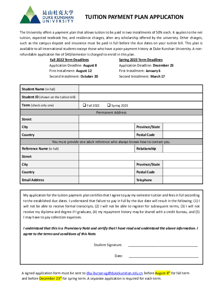 Fillable Online DKU Tuition Payment Plan Application Form 22-23 Fax Email Print - pdfFiller
