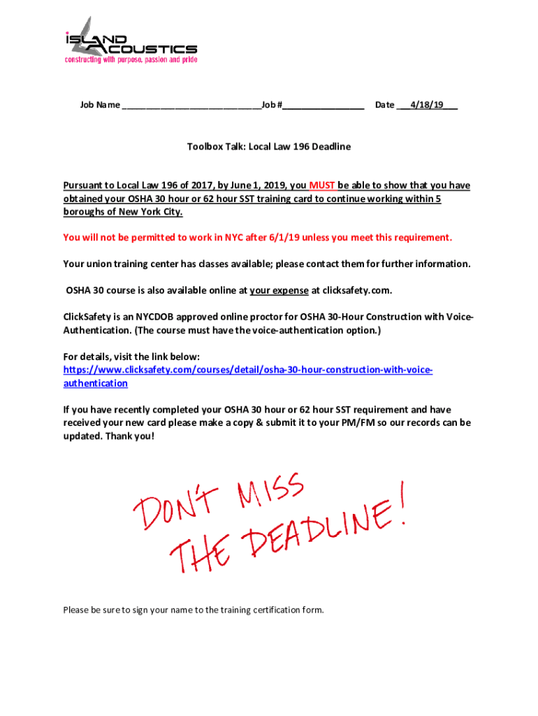 Fillable Online Local Law 196 Deadline - Toolbox Talk Fax Email Print ...