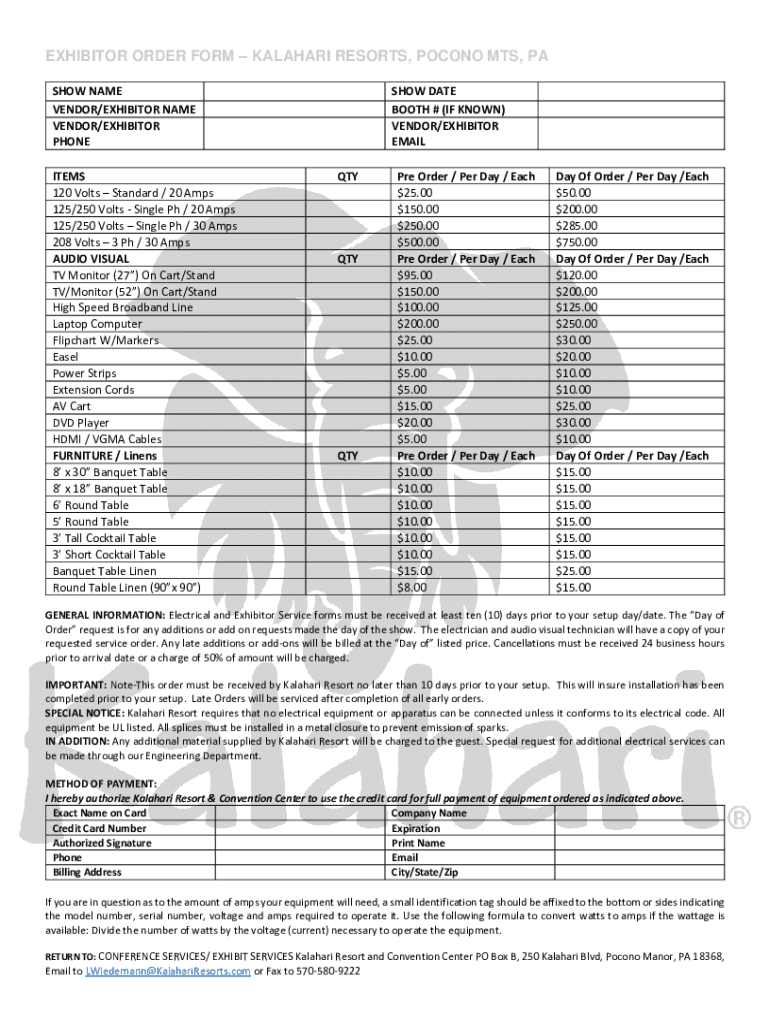 Fillable Online exhibitor order form kalahari resorts, pocono mts, pa Fax Email Print - pdfFiller