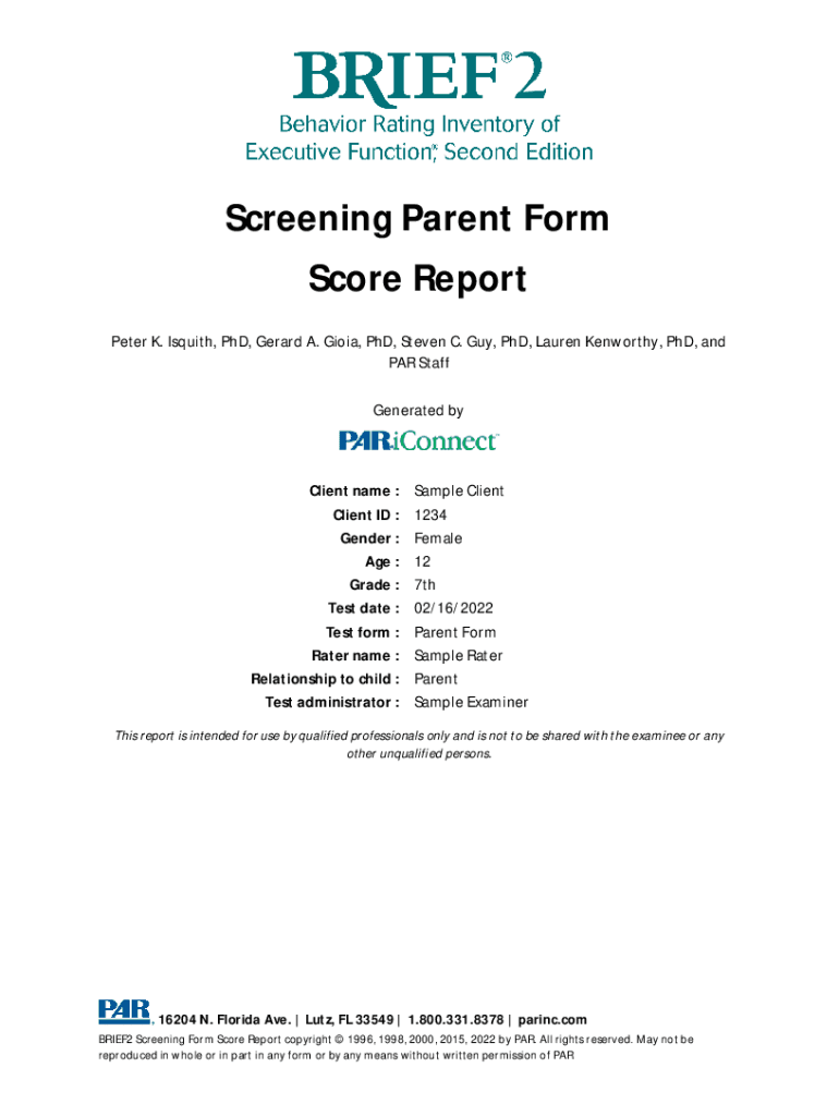 Fillable Online Screening Parent Form Score Report Fax Email Print ...