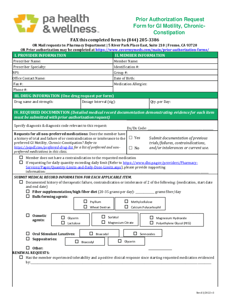 Fillable Online Prior Authorization Request Form for GI Motility, Chronic Fax Email Print ...