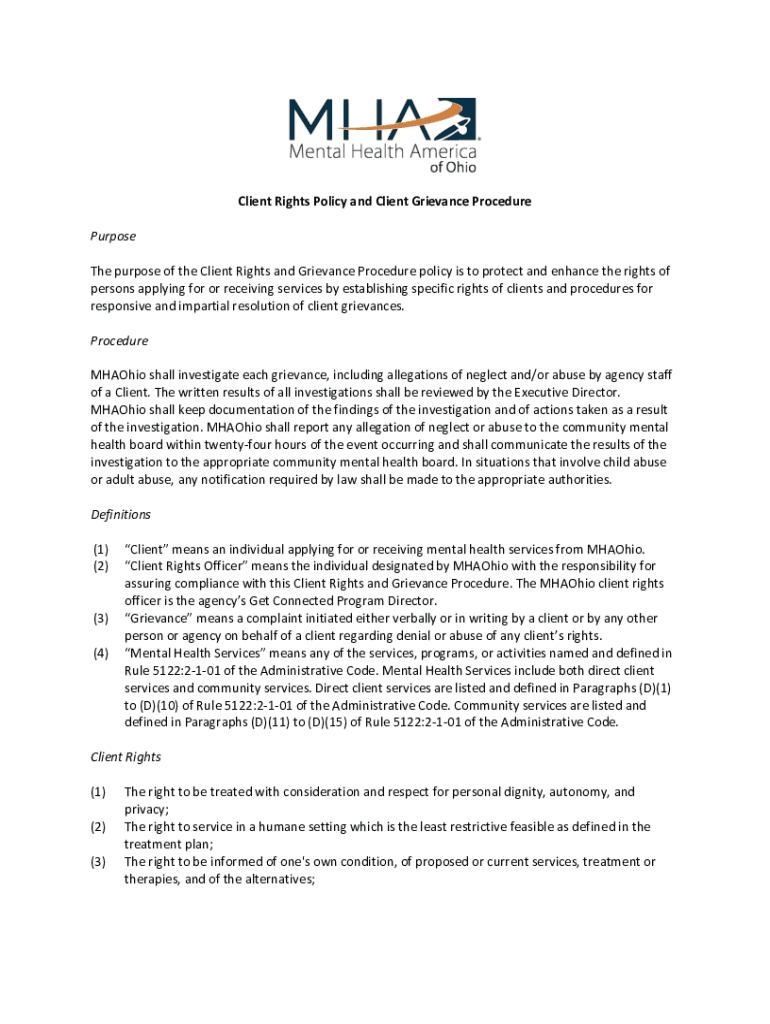 Fillable Online Client Rights Policy and Client Grievance Procedure ...