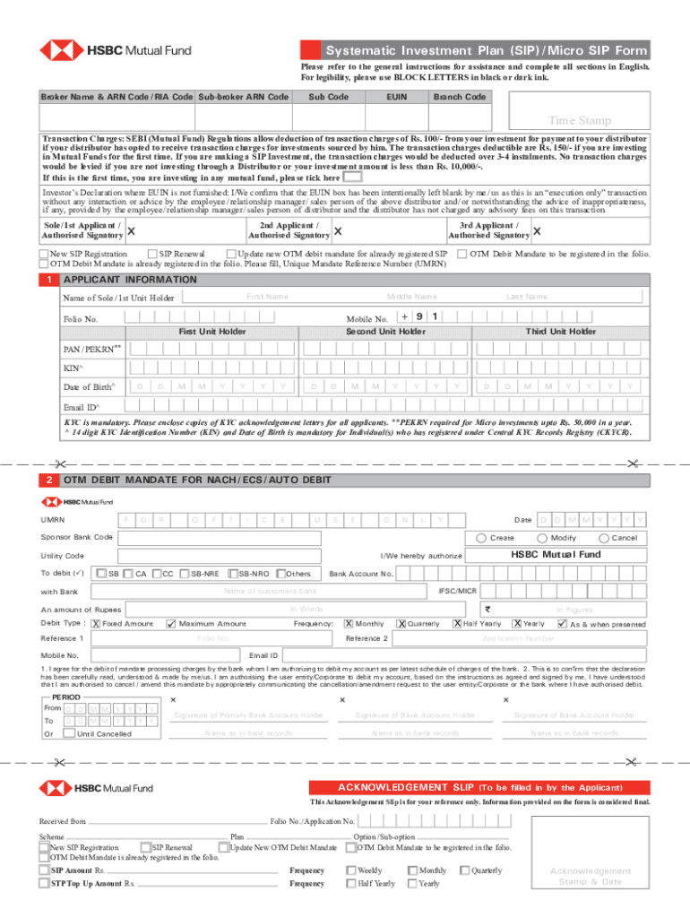 Fillable Online HSBC Systematic Investment Plan (SIP)/Micro SIP Form. Systematic Investment Plan ...