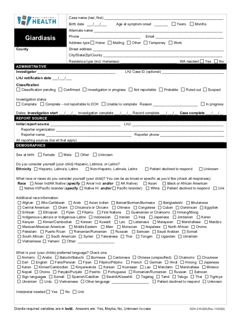 Fillable Online doh wa Reporting Form For Giardiasis. Form shows data local health departments ...