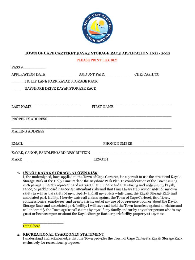 Fillable Online Town of Cape Carteret Kayak Storage Rack Application ... Fax Email Print - pdfFiller