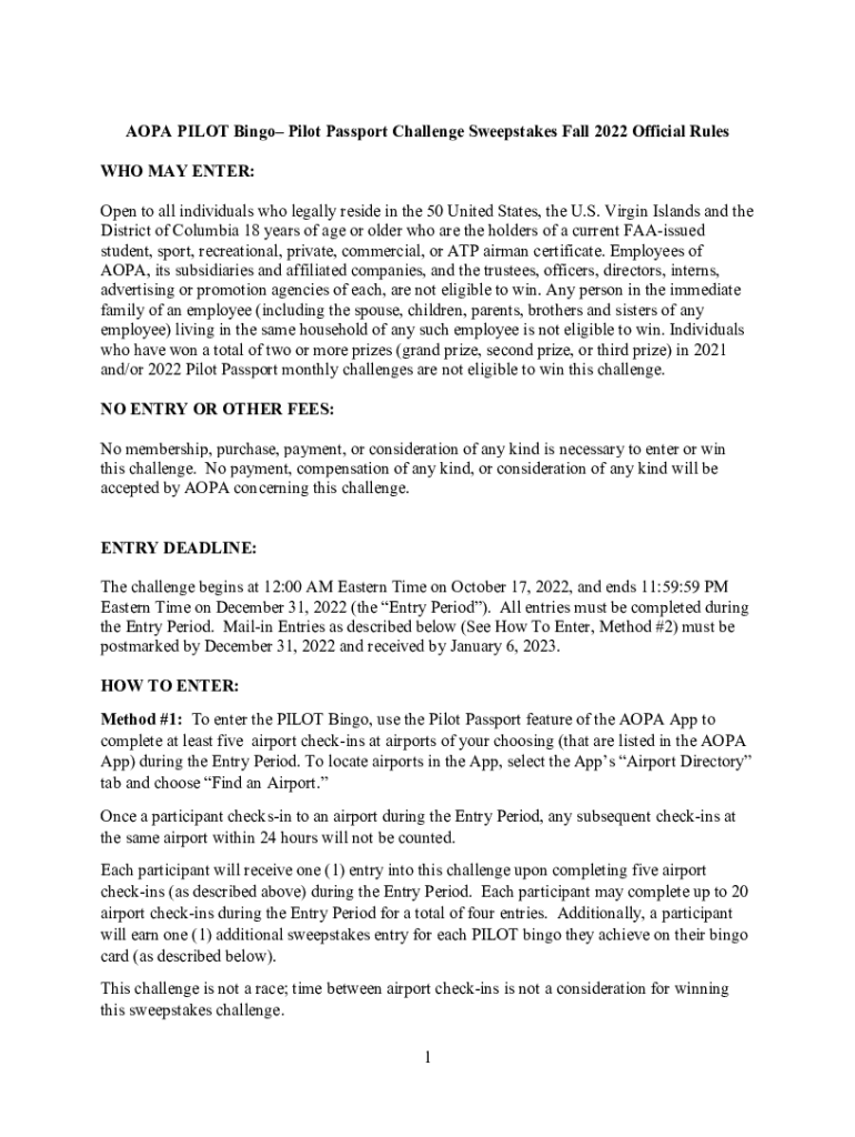 Fillable Online Playing the AOPA Pilot Bingo Sweepstakes Challenge! Fax Email Print - pdfFiller