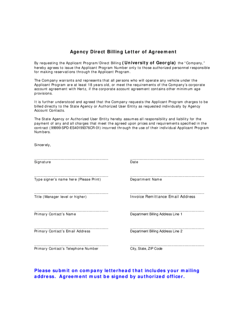 Fillable Online busfin uga Agency Direct Billing Letter of Agreement ...