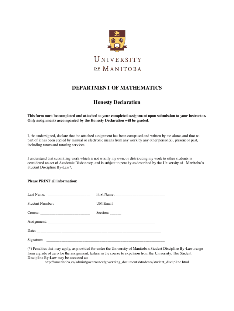 Fillable Online home cc umanitoba DEPARTMENT OF MATHEMATICS Honesty ...