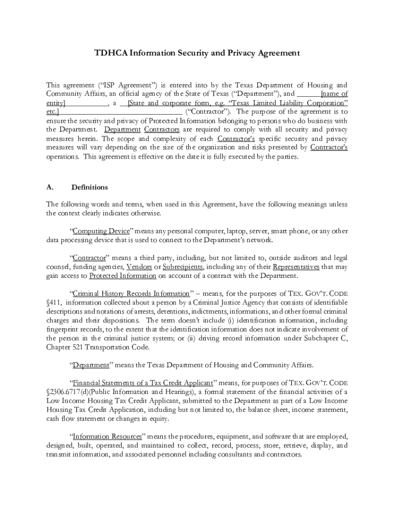 Fillable Online TDHCA Information Security and Privacy Agreement Fax ...