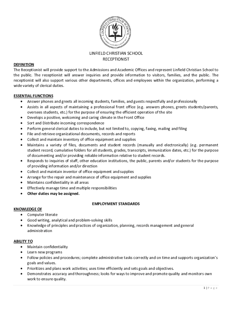 Fillable Online Receptionist job description (1) - Whitefield Academy ...