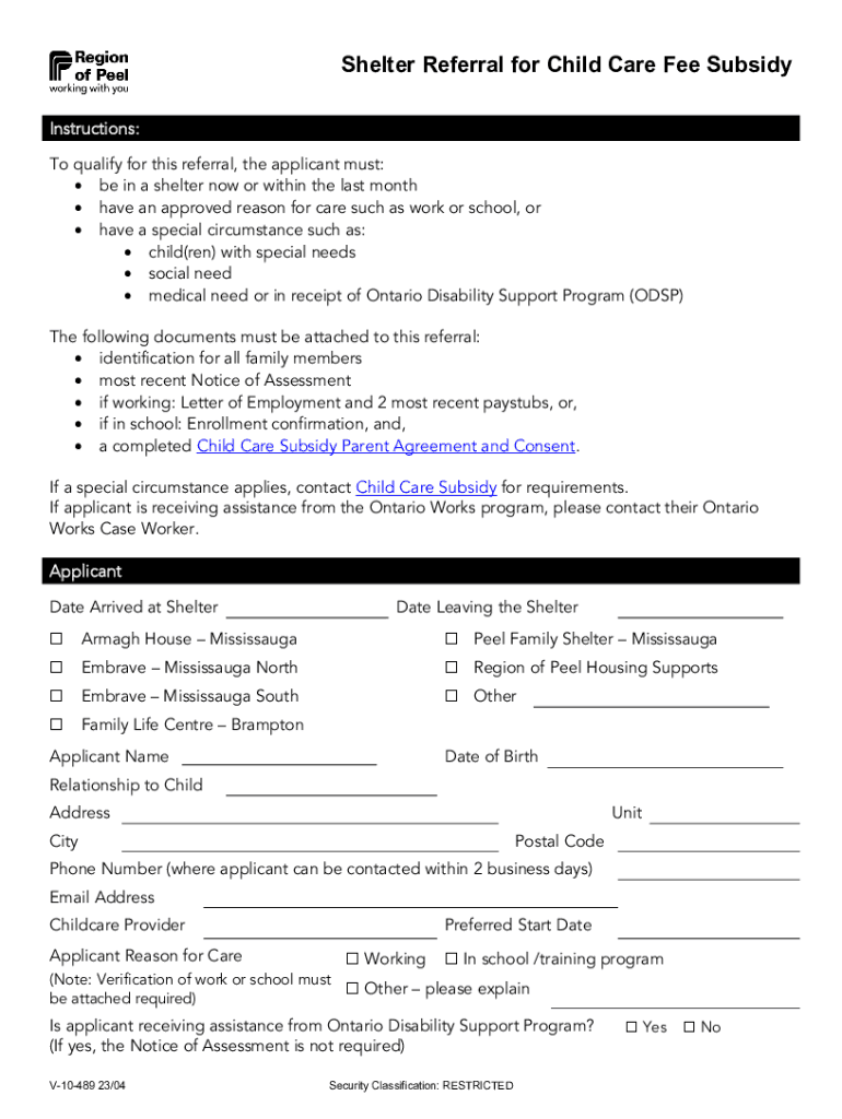 Fillable Online Shelter Referral for Child Care Fee Subsidy Fax Email ...