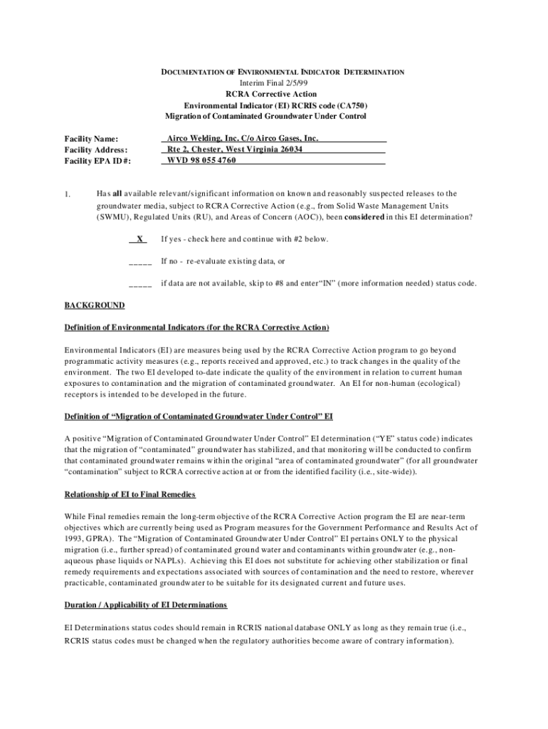 Fillable Online Region 3 RCRA Corrective Action Environmental Indicator for Airco Welding, Inc ...