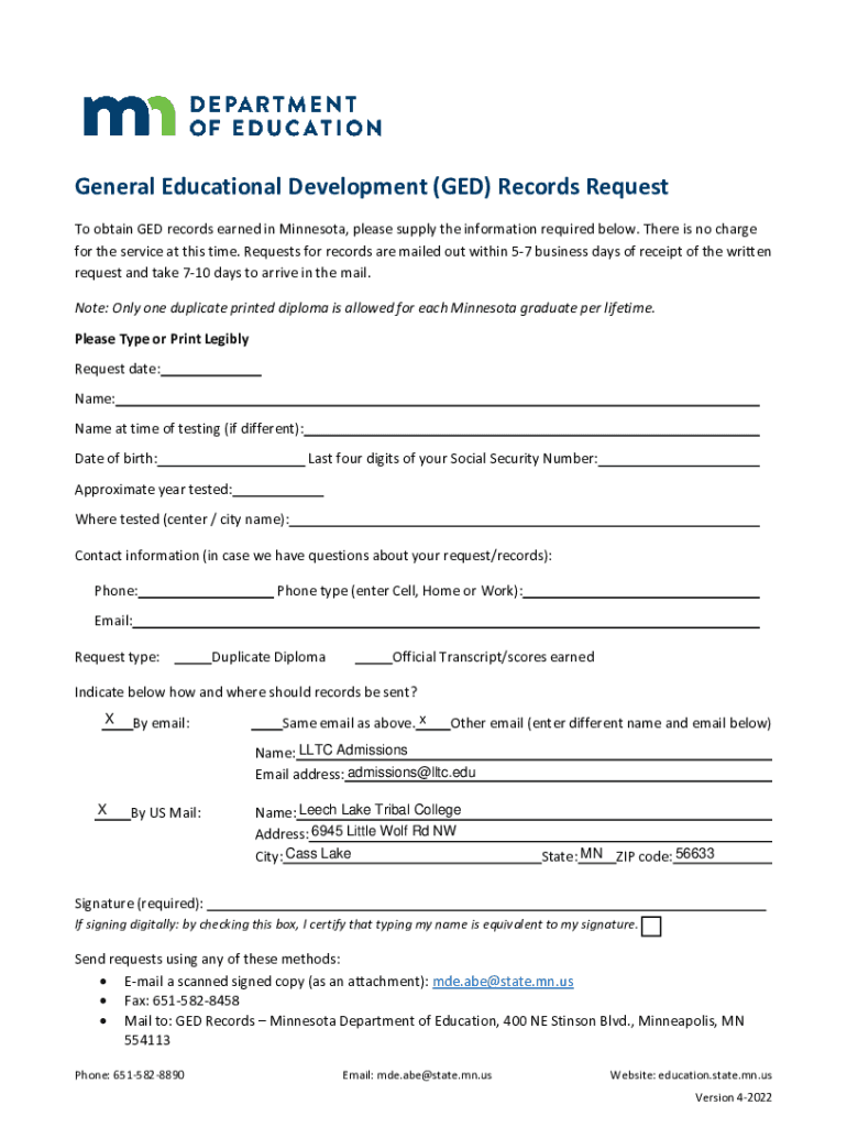 Fillable Online General Educational Development (GED) Records Request Fax Email Print - pdfFiller