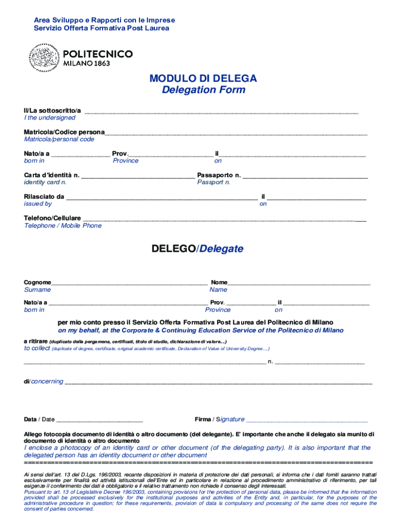 Compilabile Online MODULO DI DELEGA Delegation Form Fax Email Stampa - pdfFiller