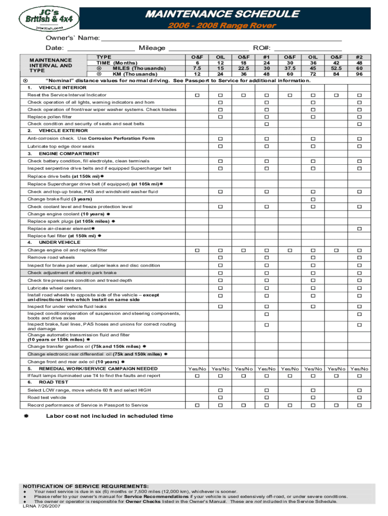 Fillable Online Land Rover Range Rover Maintenance Schedule Fax Email ...