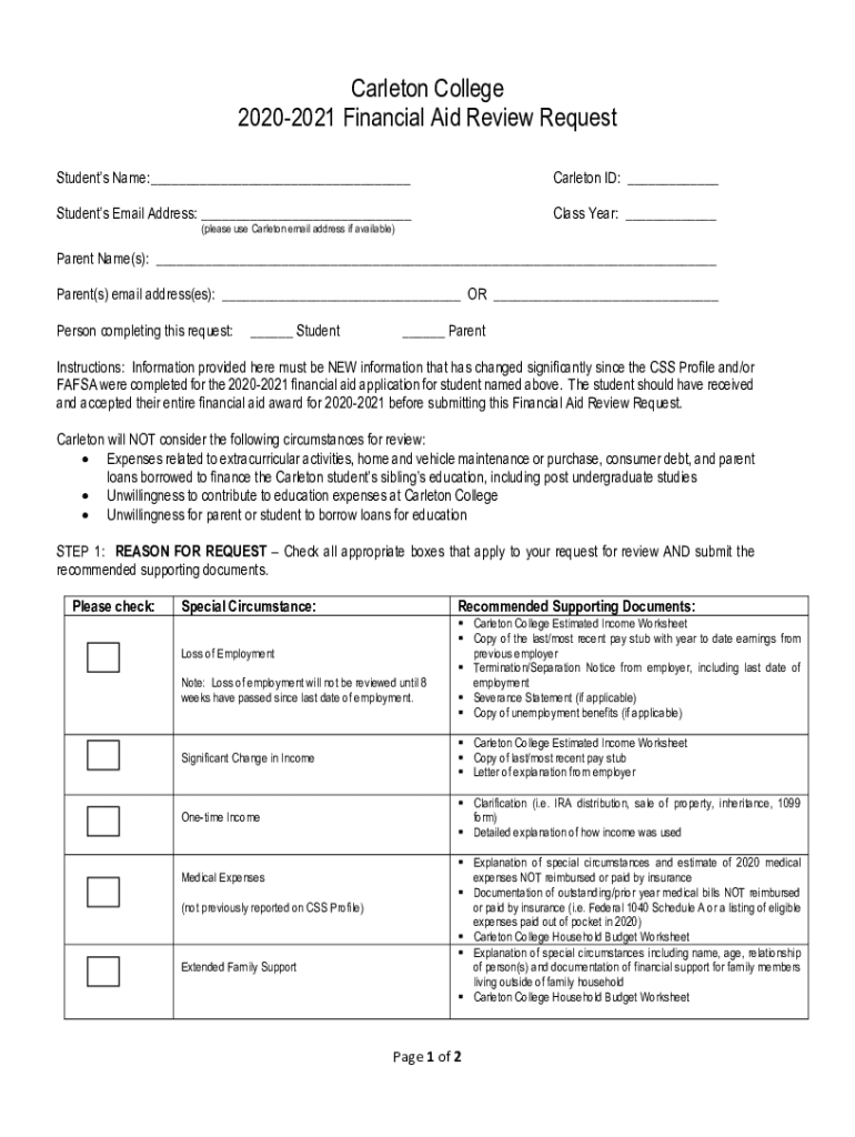 Fillable Online Carleton College 2020-2021 Financial Aid Review Request ...