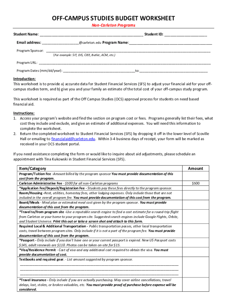 Fillable Online OFF-CAMPUS STUDIES BUDGET WORKSHEET - cloudfront.net Fax Email Print - pdfFiller