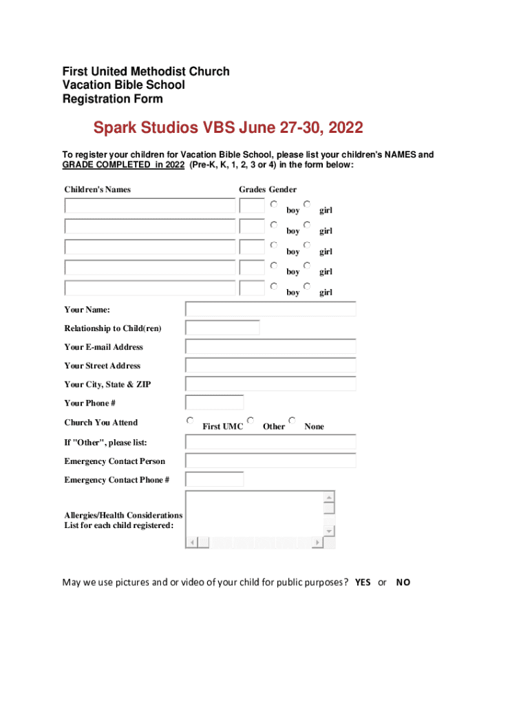 Fillable Online Vacation Bible SchoolForest Park United Methodist Church Fax Email Print - pdfFiller