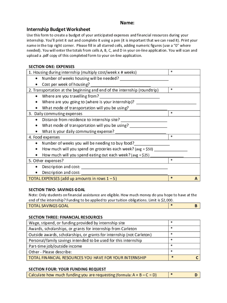 Fillable Online Name: Internship Budget Worksheet - cloudfront.net Fax ...