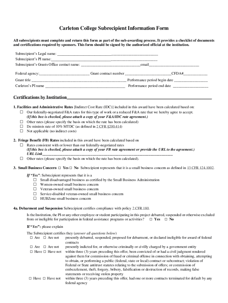 Fillable Online Carleton College Subrecipient Information Form ...